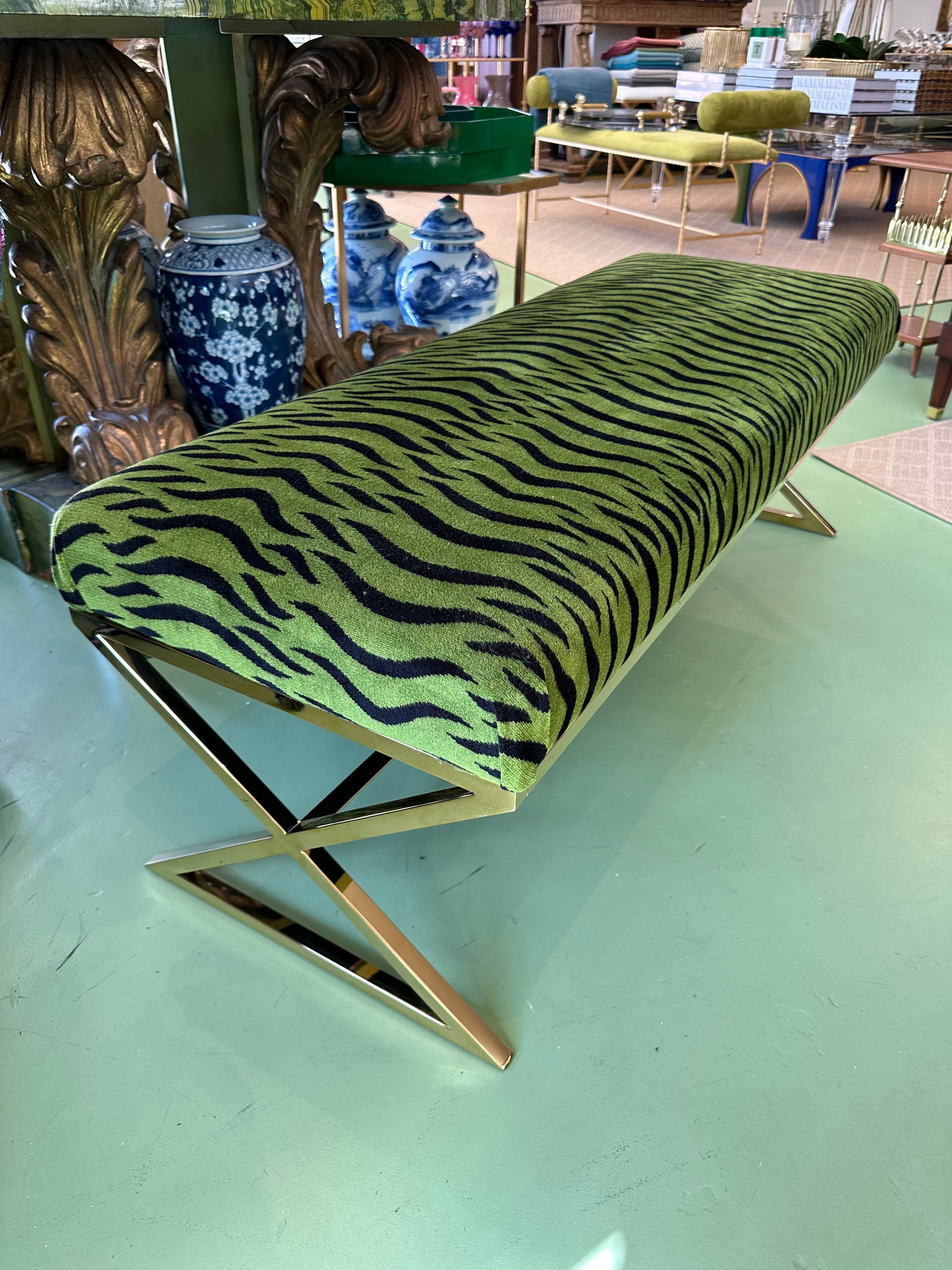 Brass X Bench in Schumacher Sabi Tiger Velvet (Moss) – Tyler + Tate